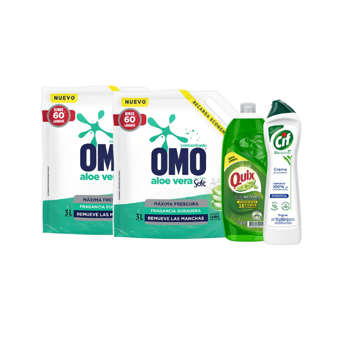 Pack 2 Omo Soft Aloe Vera 3 L + Quix Lavalozas 750 ml + Cif limpiador ...