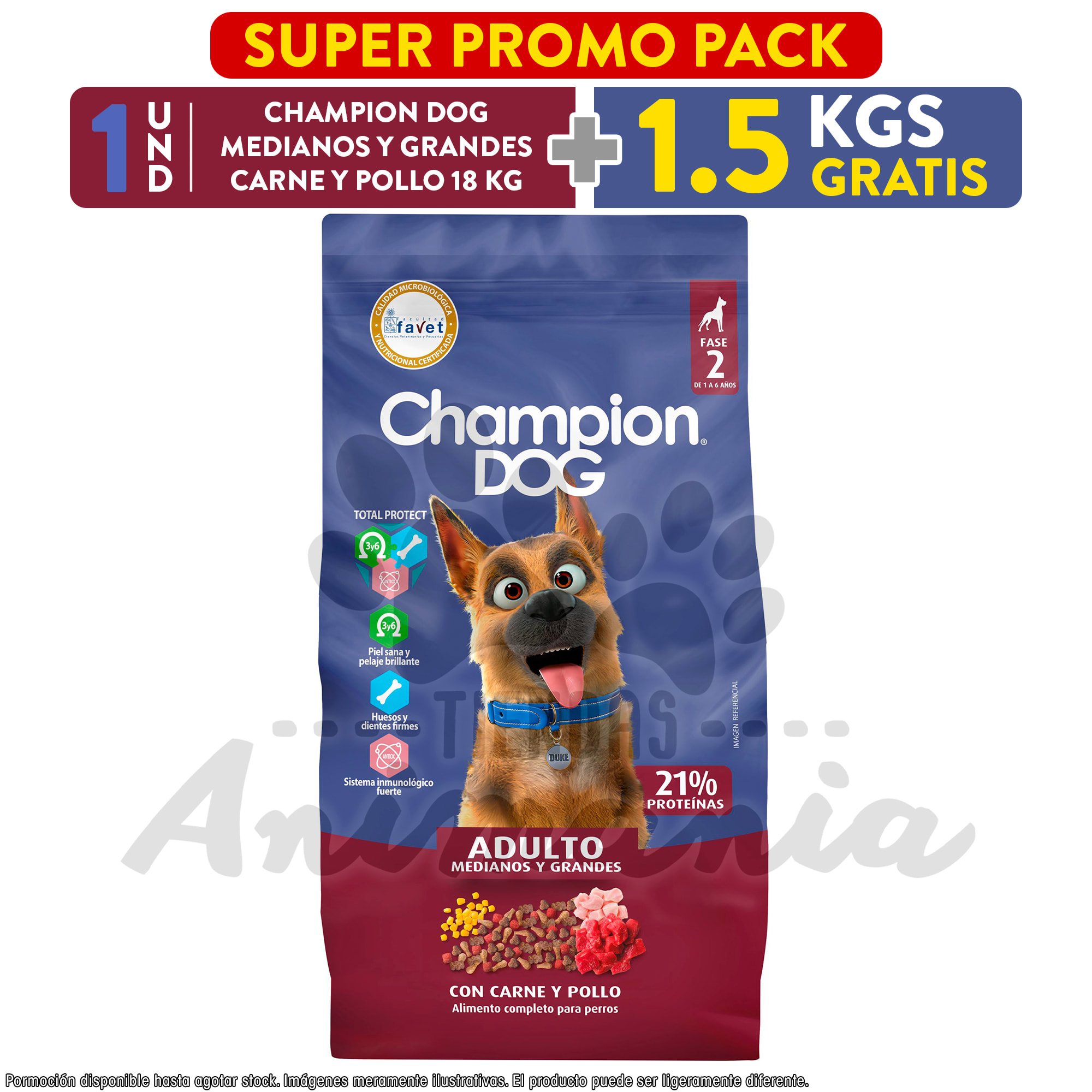 PROMO CHAMPION DOG ADULTOS MEDIANOS Y GRANDES CARNE Y POLLO 18 KG + 1.5 ...