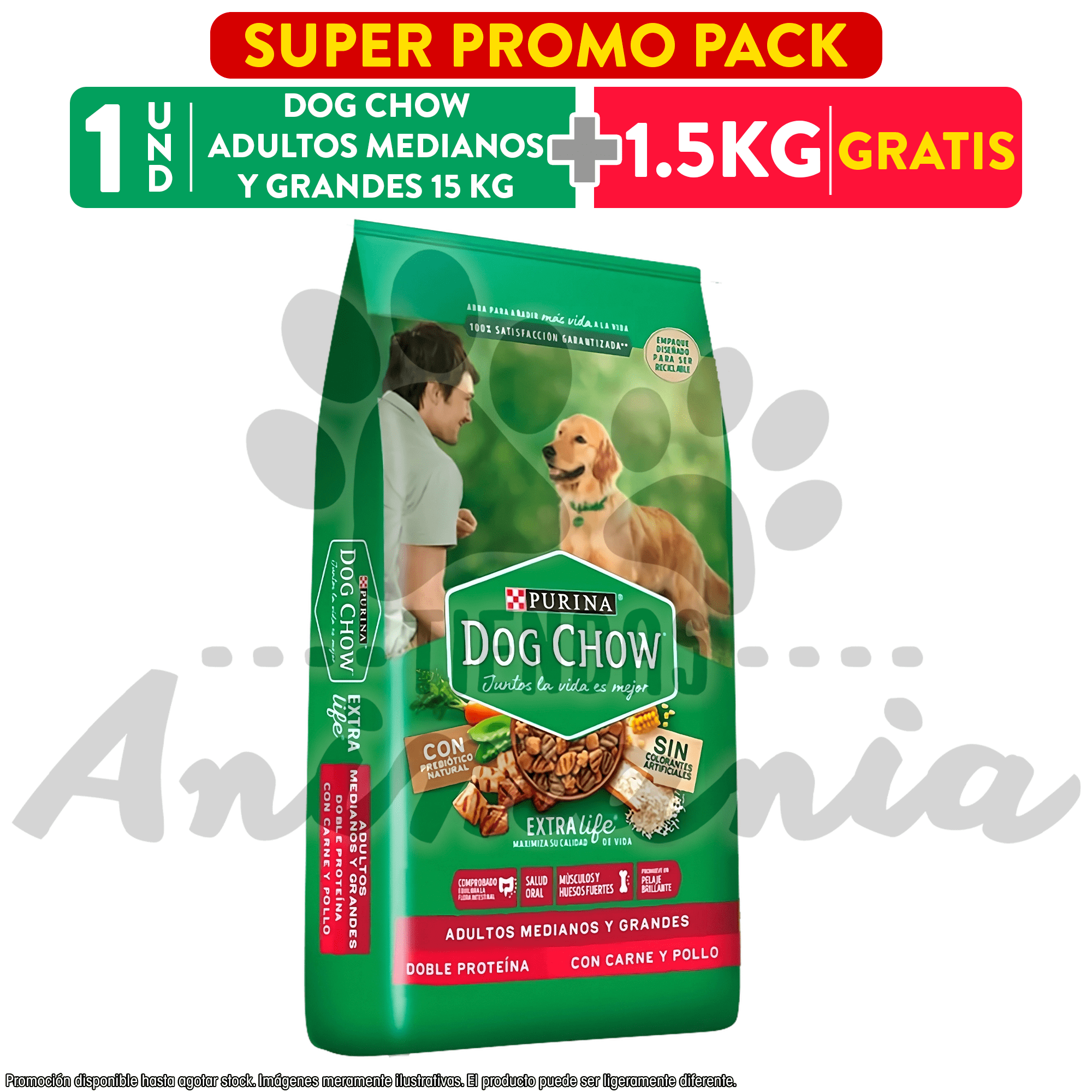 DOG CHOW ADULTOS MEDIANOS Y GRANDES | CARNE Y POLLO 15 KG + 1.5 KG ...