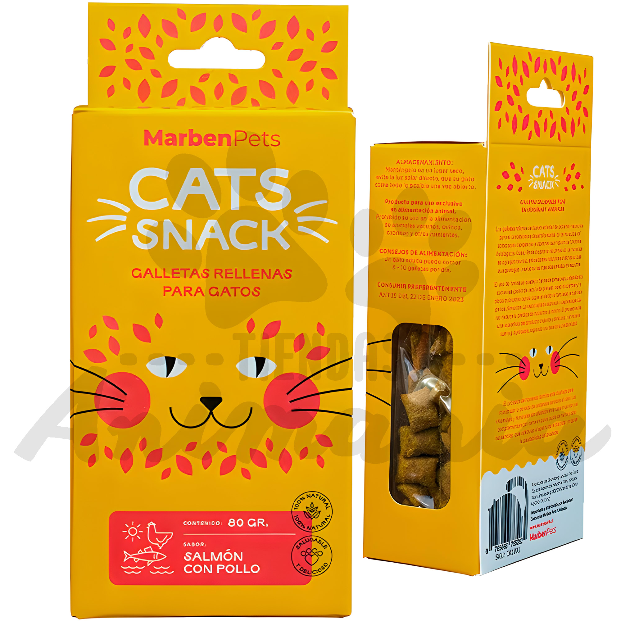 MARBEN PETS CATS SNACK GALLETAS RELLENAS SALMON CON POLLO 80 GR | Animania