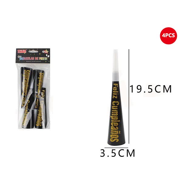 CORNETA BUBUZELA NEGRA/DORADO FELIZ CUMPLEAÑOS 4PCS 614129 | Mayorista 7