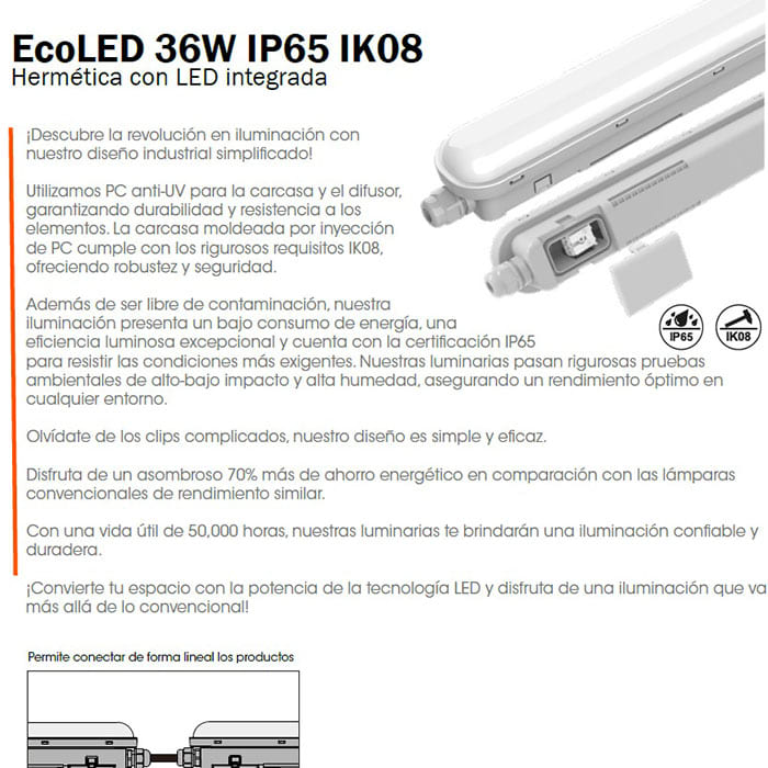 EQUIPO ESTANCO 36W 4000° IP65 ARMADO IK08 OPAL | ELECTRICIDAD PJ