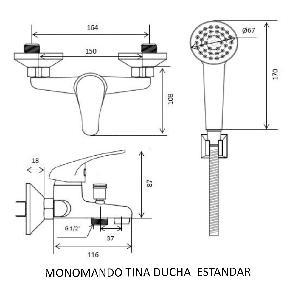 MONOMANDO TINA DUCHA ESTANDAR HOFFENS | Ferretería San Carlos