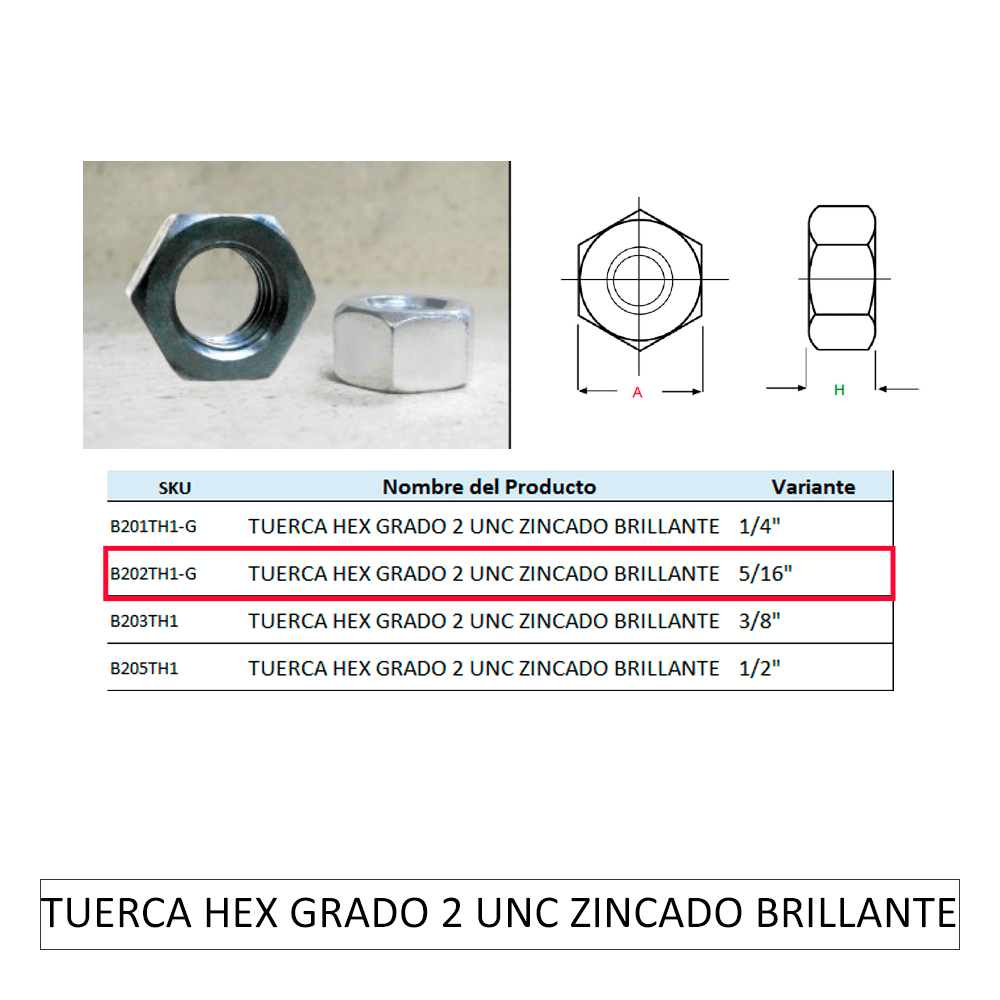 TUERCA HEX GRADO 2 UNC ZINCADO BRILLANTE | Ferretería San Carlos