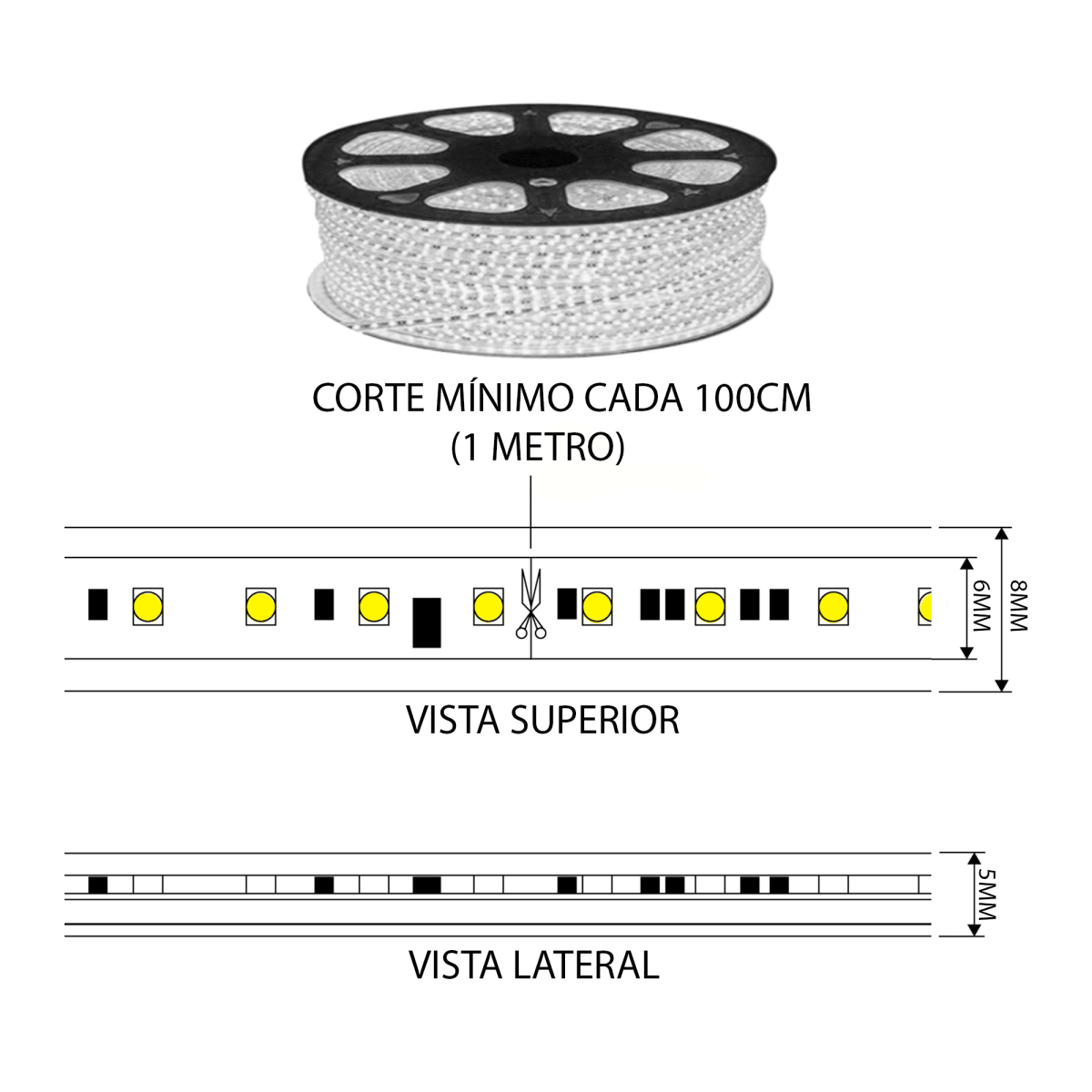 Cinta Led 220V Delgada 6000K Luz Fría 120Led/m 2835 IP68 Exterior 100mt ...