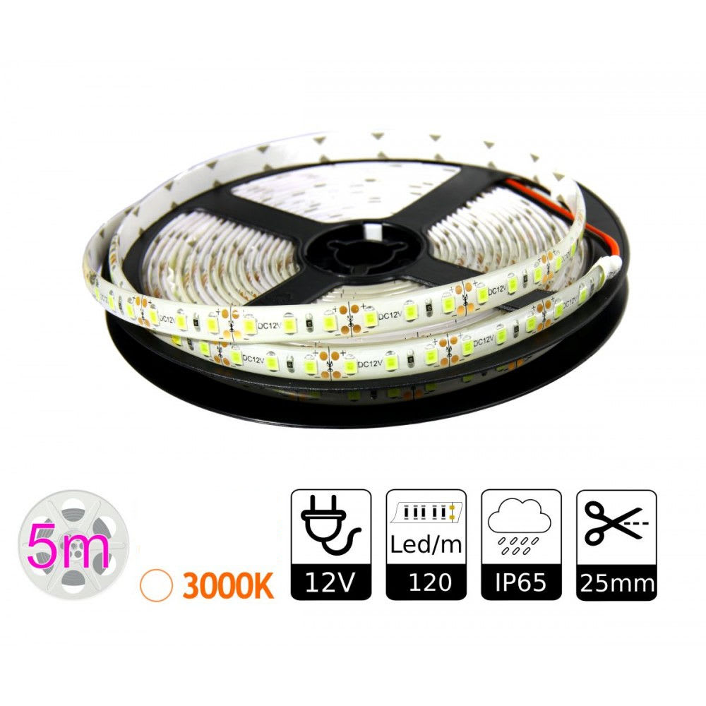 Cinta Led 12V 2835 9,6W/m IP65 120Led/m 3000K Blanco Cálido | Presente.cl