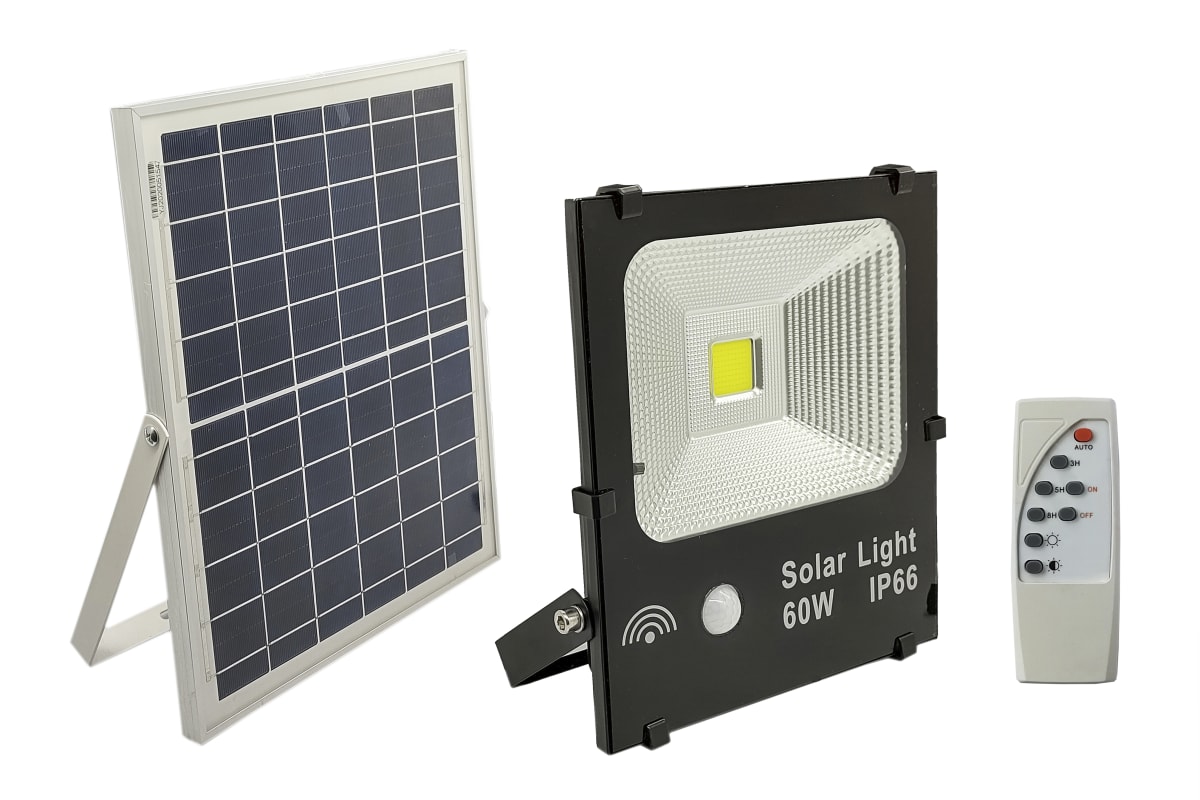 FOCO LED 60 WATTS CON PLACA SOLAR HORA DEFINIDA 3/5/8 HORAS C/CONTROL ...