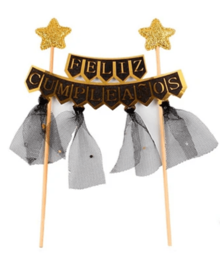 Topper Banderin Negro con Dorado | Otarola Reposteria y Cotillon