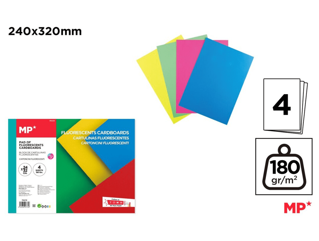 Pack De Cartulina Fluorescente X 4Uds /4 Colores Marca MP Crafts Color ...