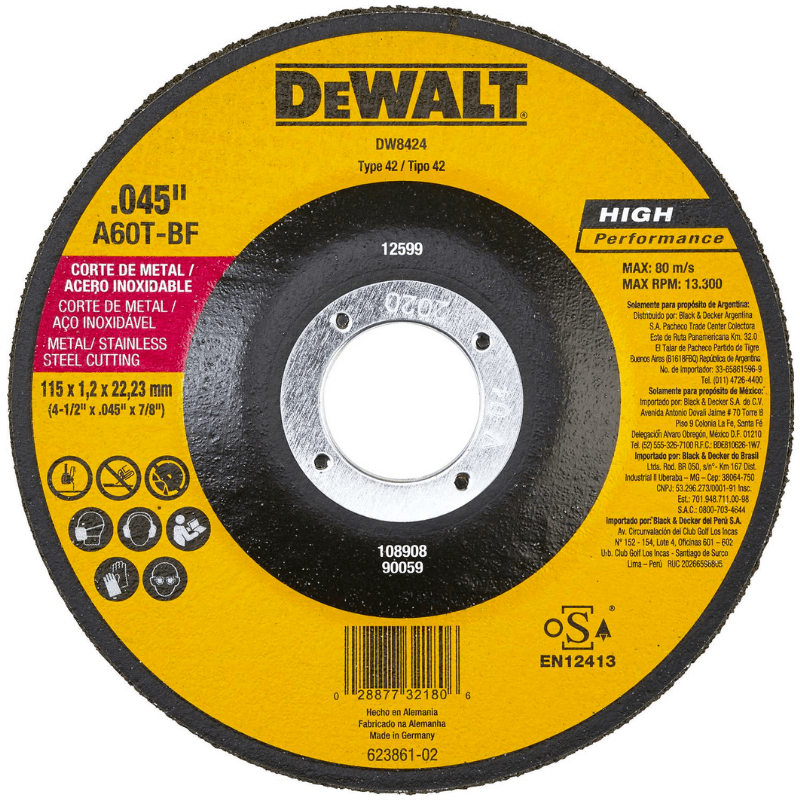 DISCO CORTE INOX/METAL 4-1/2"X0.45"X7/8" DEWALT DW8424-AR | TODOTALLER ...