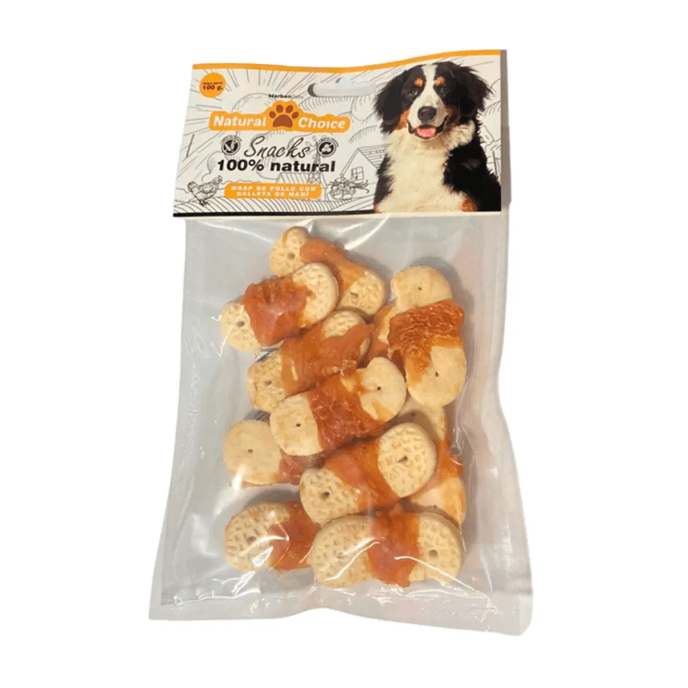 HUESO NATURAL CHOICE Wrap de pollo con galleta de maní 100 gr | Arca de Noé | Tienda para mascotas