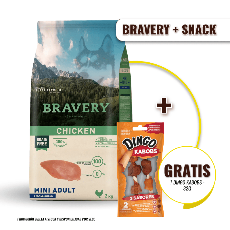 Promo Bravery Dog Mini Adult chicken 2 Kg + Dingo Snacks Kabobs ...