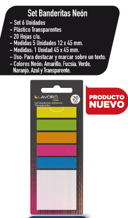 BANDERITAS ADH.SET 6U.PLÁST NEÓN 20H C/U | Aldo Carla