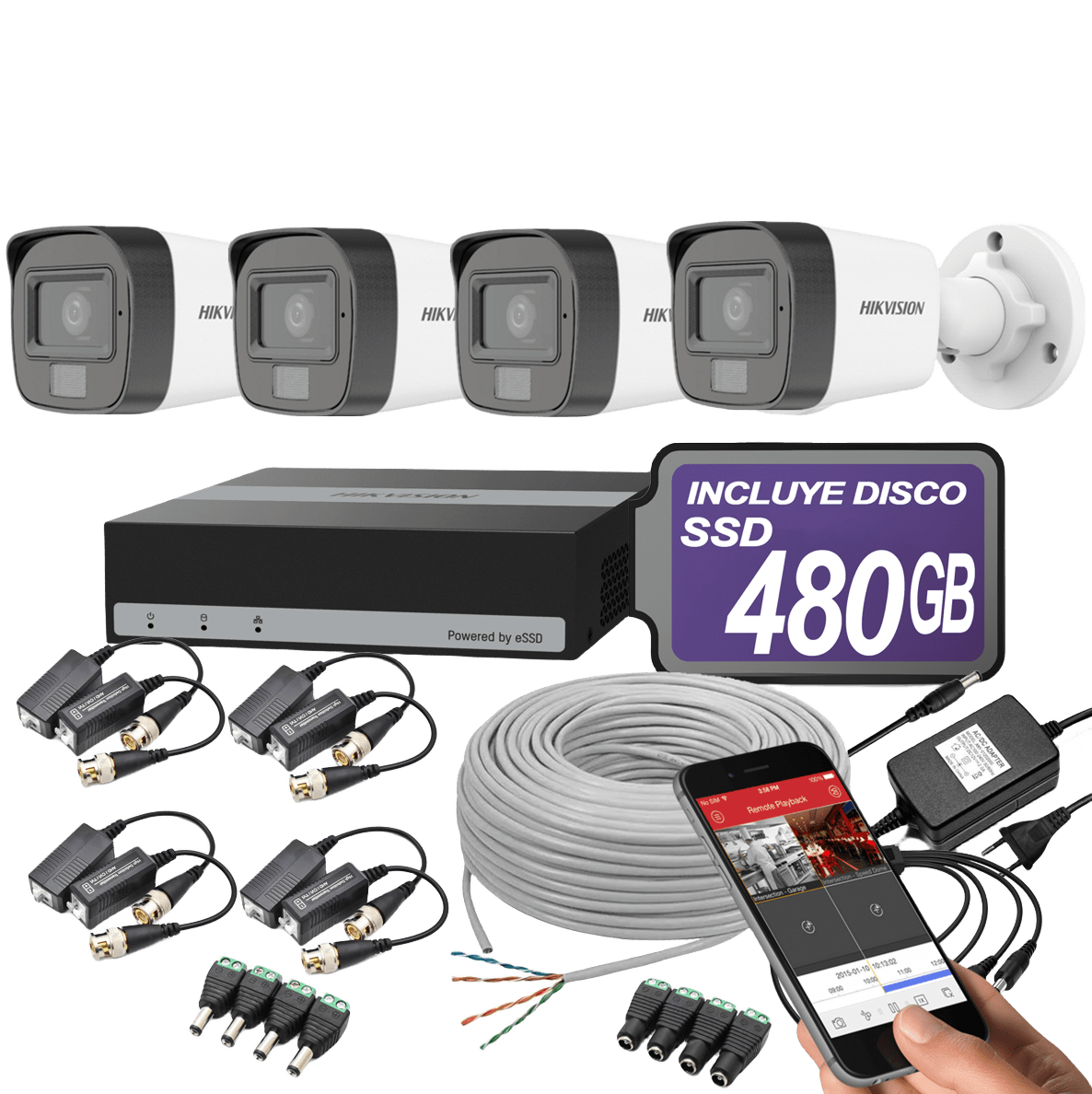KIT HIKVISION EDVR 8CH 480GB + 4 CAM 2MP SMART HYBRID LIGHT INSTALADOR ...
