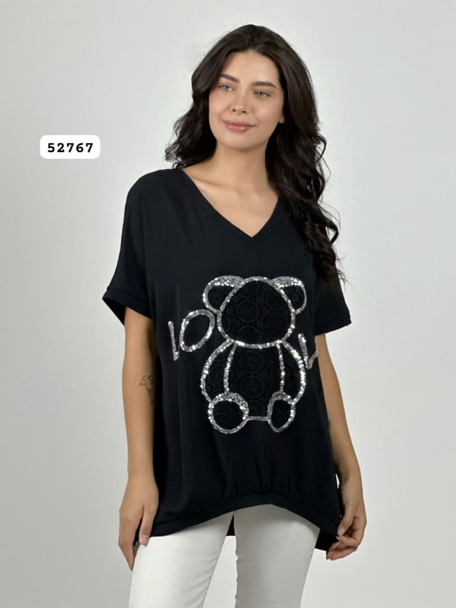 Polera Crepe LOVE Oso Brederi con Brillos A1-1 | Enigmatica
