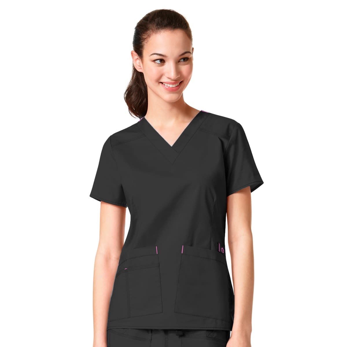 Top Wonderflex Cuello V Negro detalle rosa cuello | Valdivias Scrubs