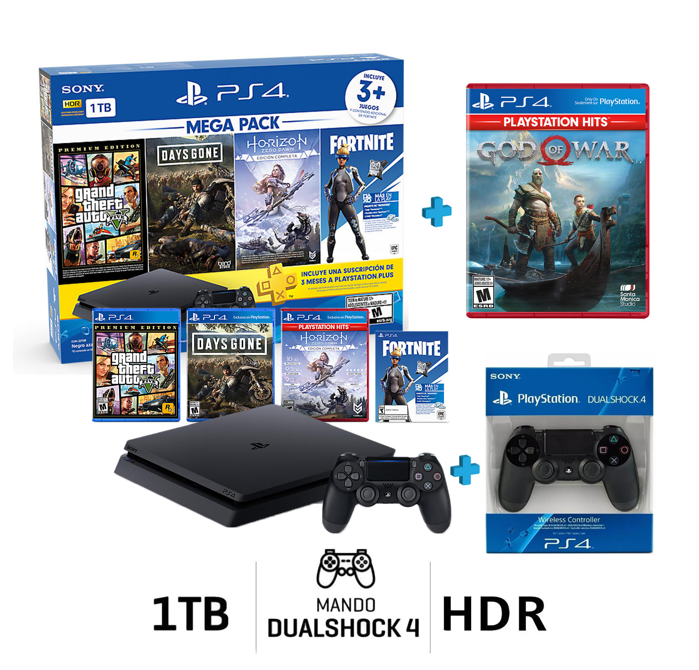 Consola PS4 Mega Pack 6 1TB + Mando DualShock 4 V2 + God Of War 4 | Boomers