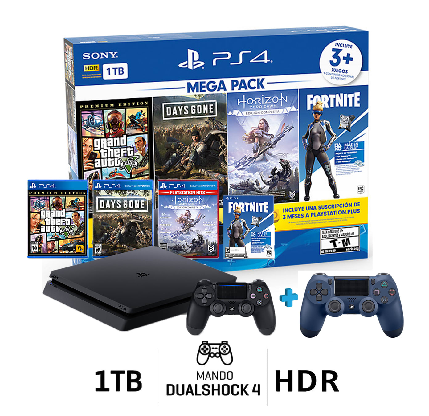Consola PS4 Mega Pack 6 Slim + Mando DualShock 4 Azul Noche Midnight ...