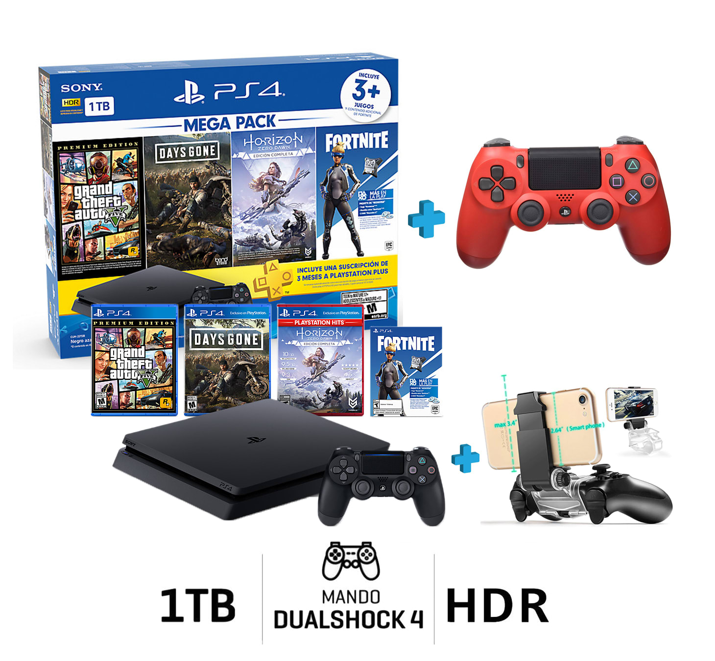 Consola PS4 Mega Pack 6 + Mando PS4 Rojo Magna + Soporte Celular | Boomers