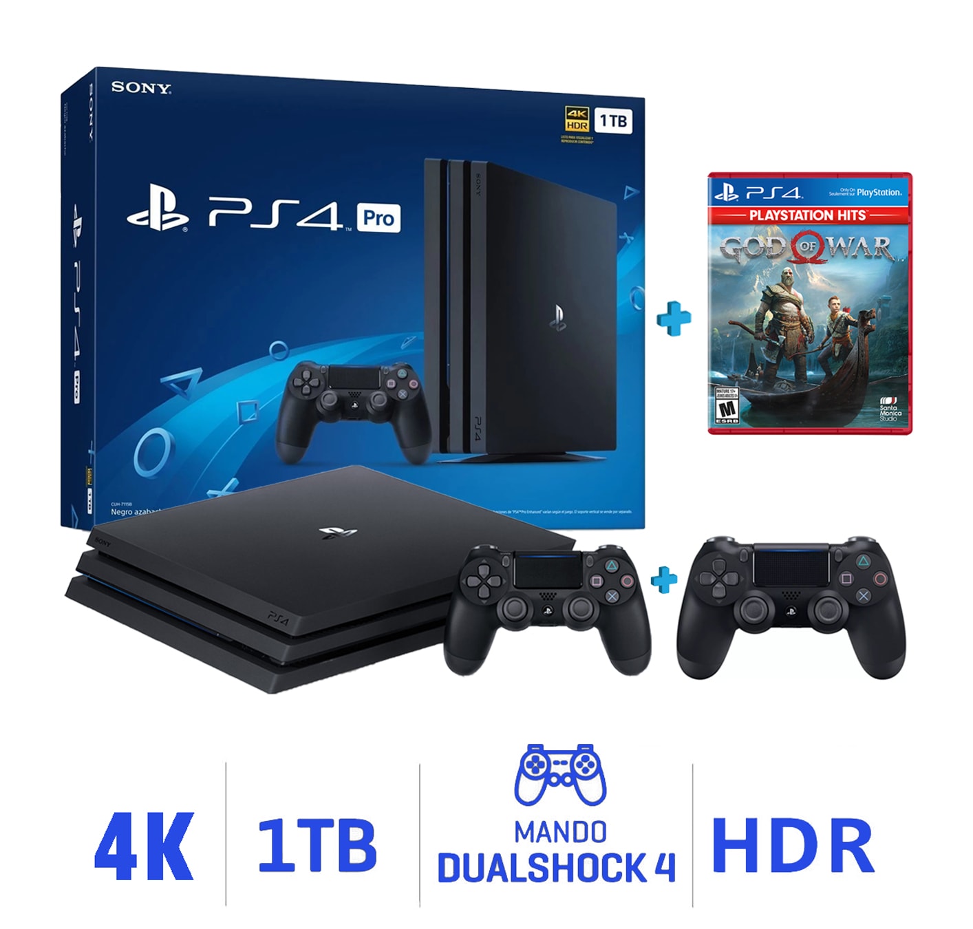 Consola PS4 Pro 1TB 4K + Mando DualShock 4 V2 Negro + God Of War 4 ...