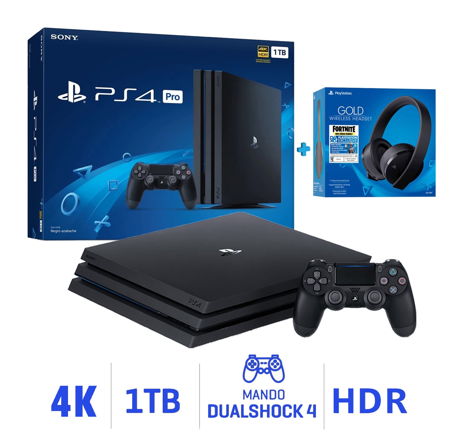 Consola PS4 Pro 1TB 4K + Audífonos Gold Wireless Fortnite Neo Versa ...