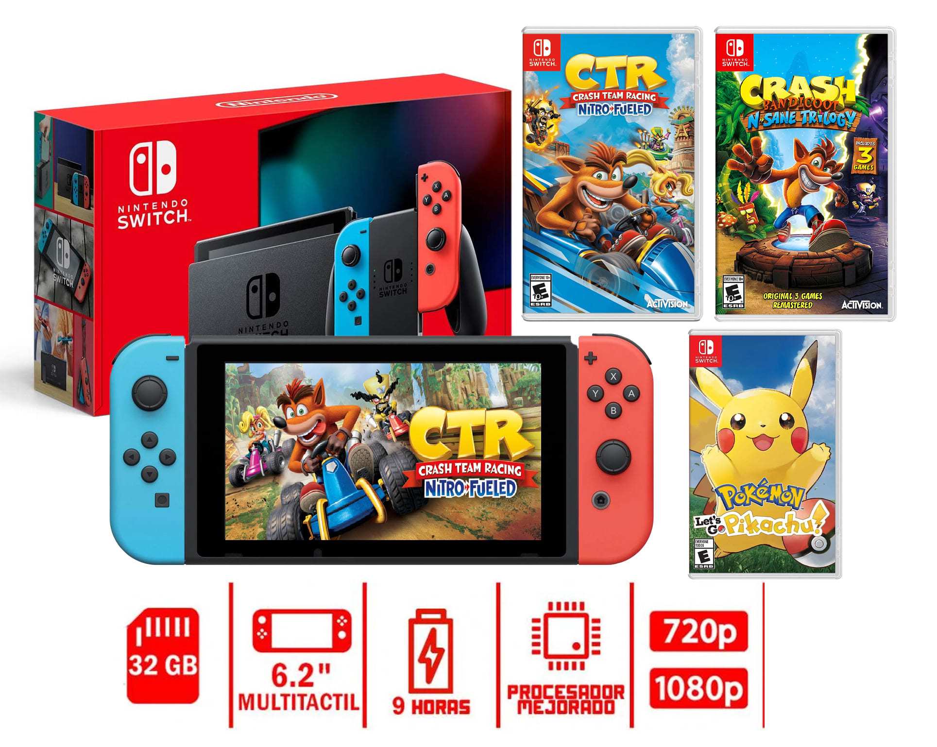 Consola Nintendo Switch Batería + Crash Nitro + Bandicoot + Pikachu ...