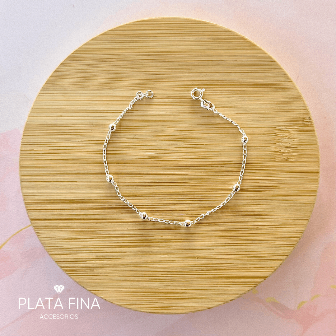Pulsera Plata Mini Eslabón con Bolitas | Plata Fina