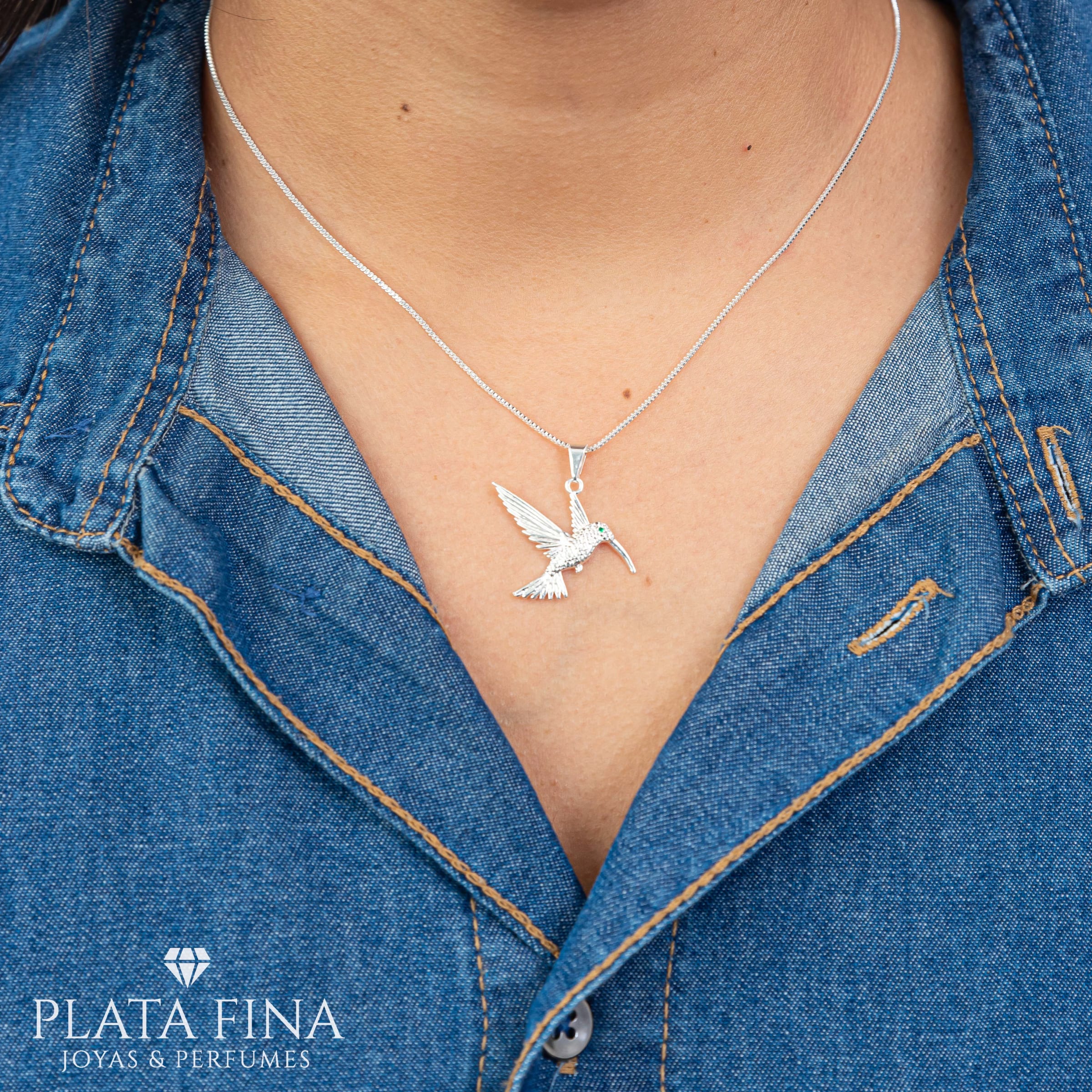 Collar Plata Rodinada Colibrí | Plata Fina