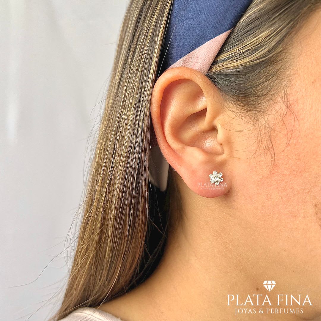 Aros Flor Circón Blanco | Plata Fina