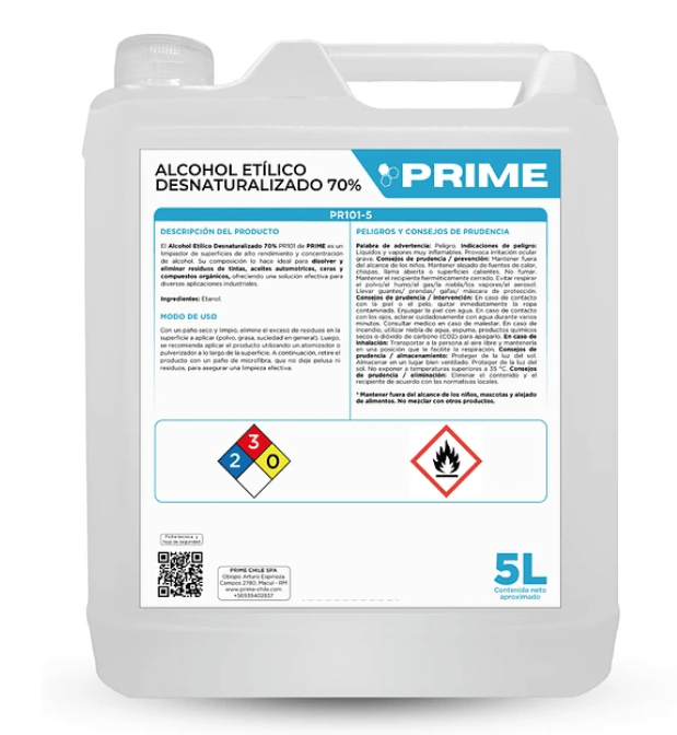 PRIME ALCOHOL ETÍLICO DESNATURALIZADO 70% - ENV 5L | Comercial Everest SPA
