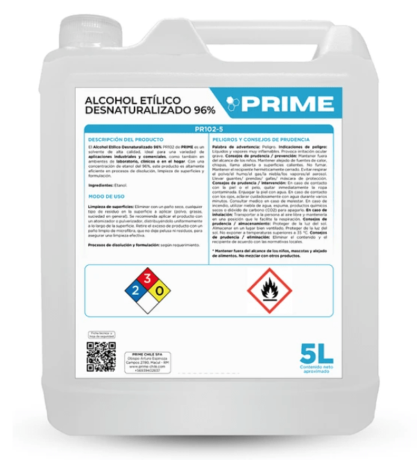 PRIME ALCOHOL ETÍLICO DESNATURALIZADO 96% - ENV 5L | Comercial Everest SPA