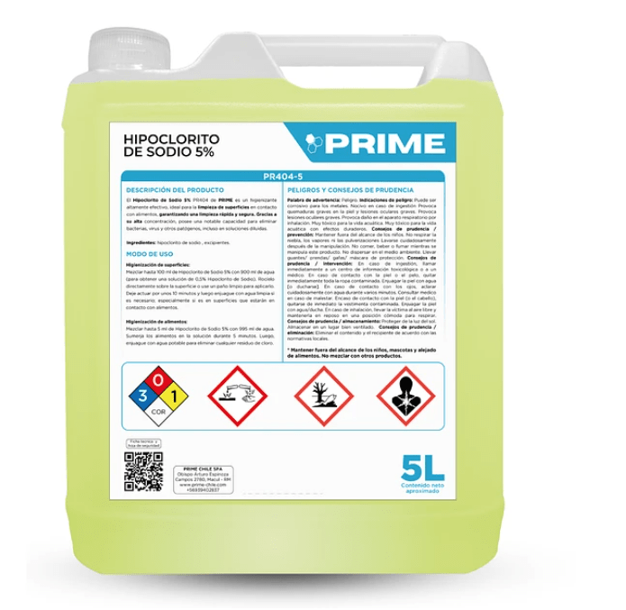 PRIME CLORO HIPOCLORITO DE SODIO 5% - ENV 5L | Comercial Everest SPA