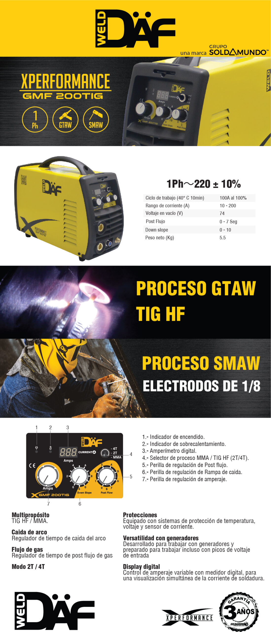 Soldadora inversora GMF 200TIG HF DAF + careta fotosensible | RPF - Red Peruana de Ferreterías