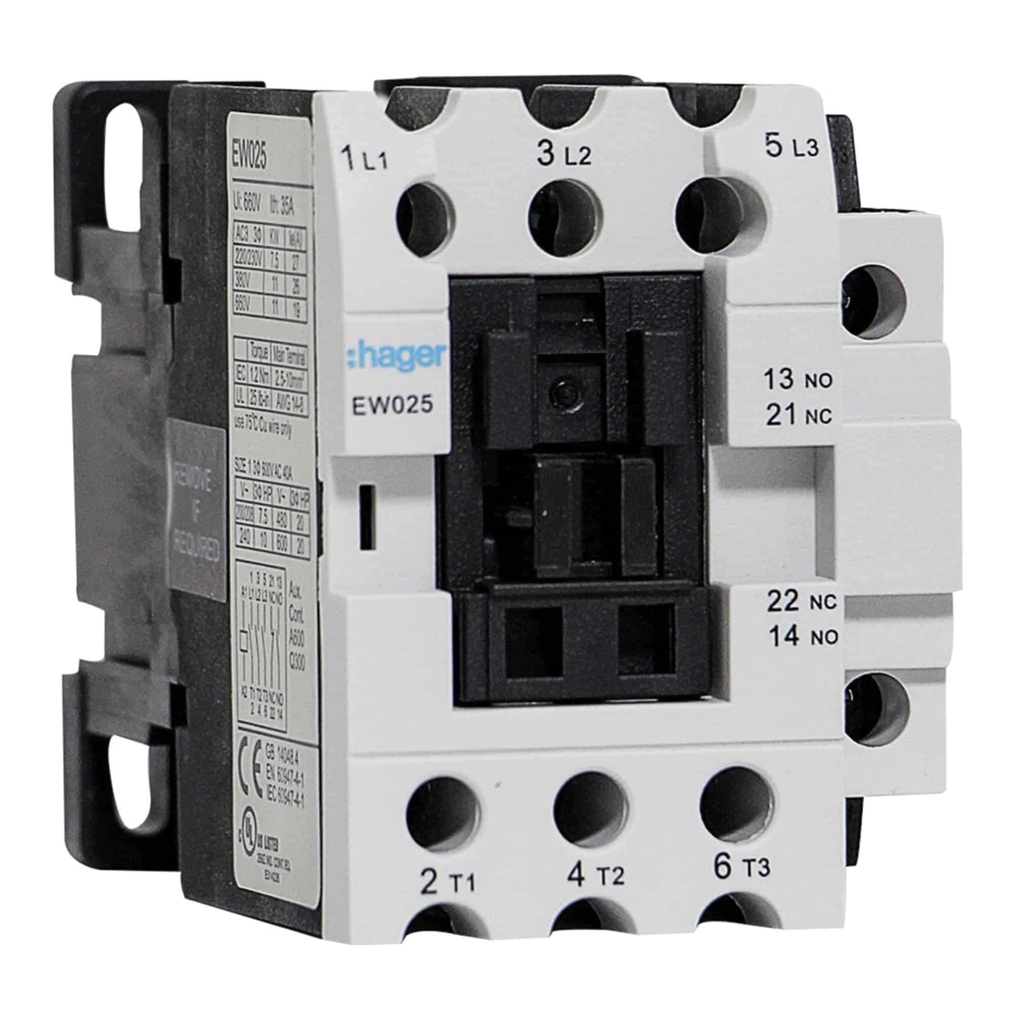 CONTACTOR EW 26A/AC3 1NA+1NC 380V 50/60HZ EW025D HAGER | Aragcu Perú SAC