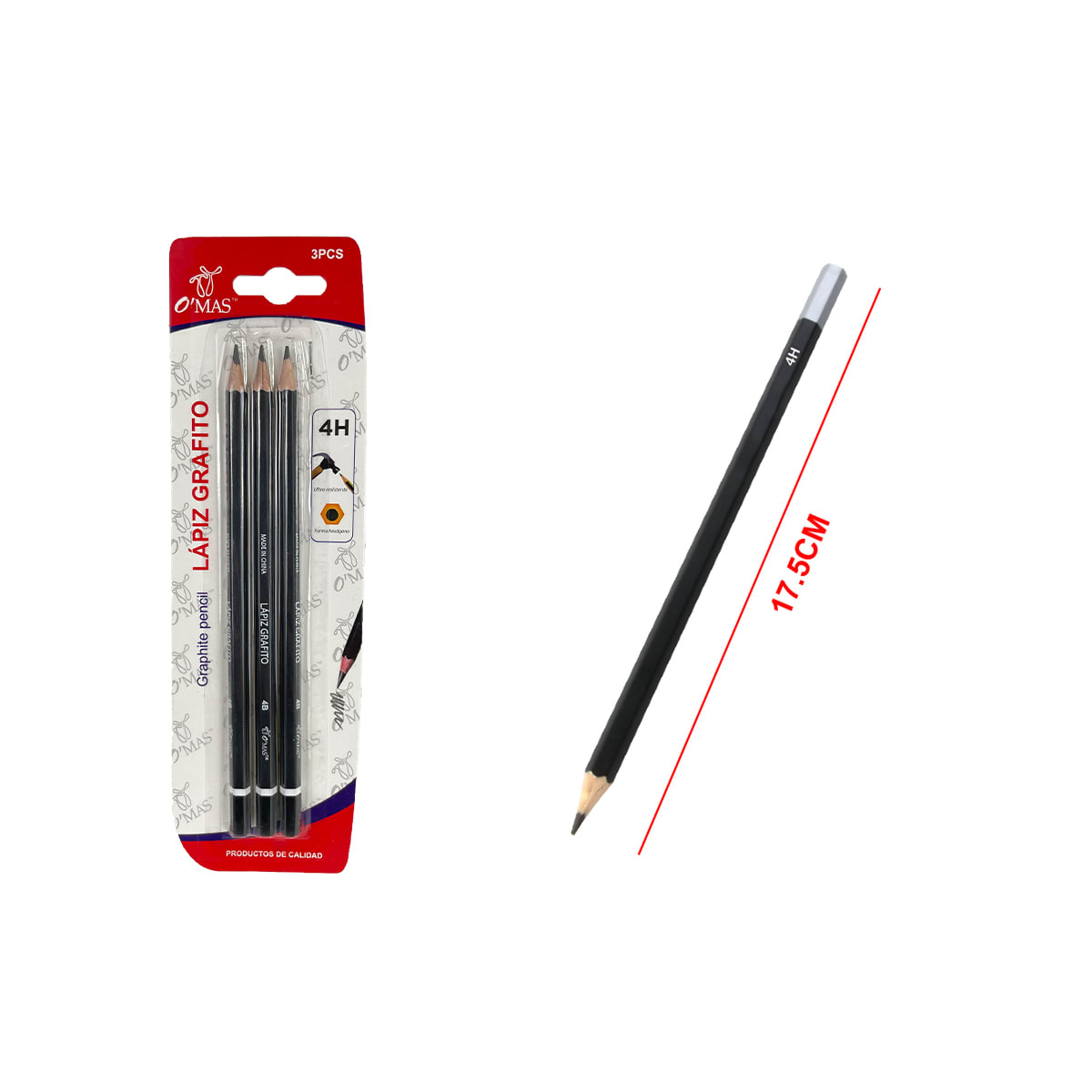 LAPIZ GRAFITO HEXAGONAL 4H 3PCS 17.5CM | 24 UNID | Omas Mucho Mas