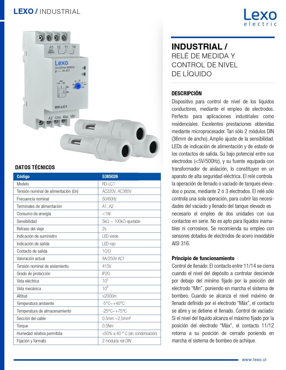 Rele Control de nivel de Liquido 2P RD-LC1 220-380VAC Lexo | Ferrelectrica SPA