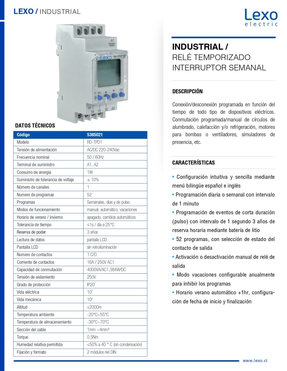 Rele Interruptor Semanal RD-TPD1 220-240VAC Lexo | Ferrelectrica ...