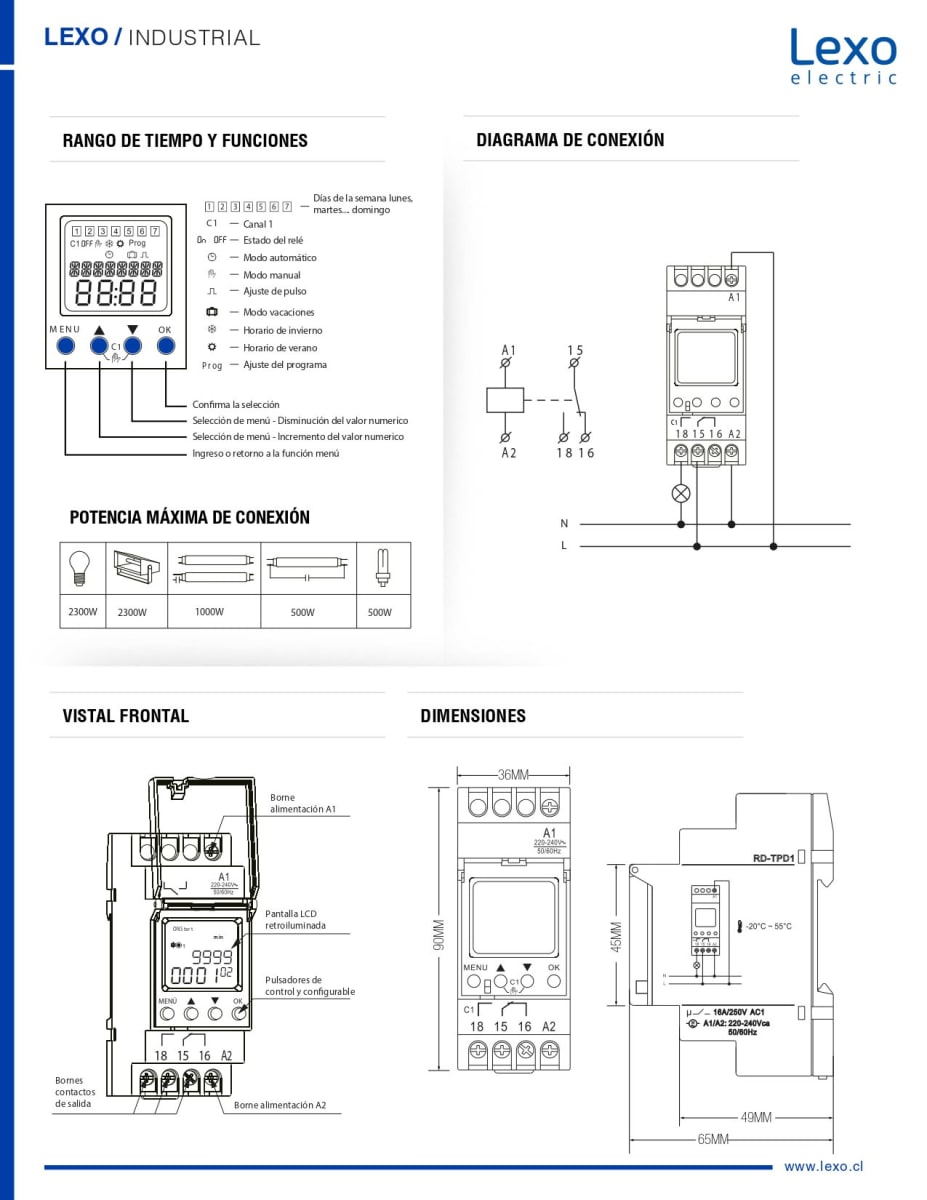 Rele Interruptor Semanal RD-TPD1 220-240VAC Lexo | Ferrelectrica Materiales Electricos