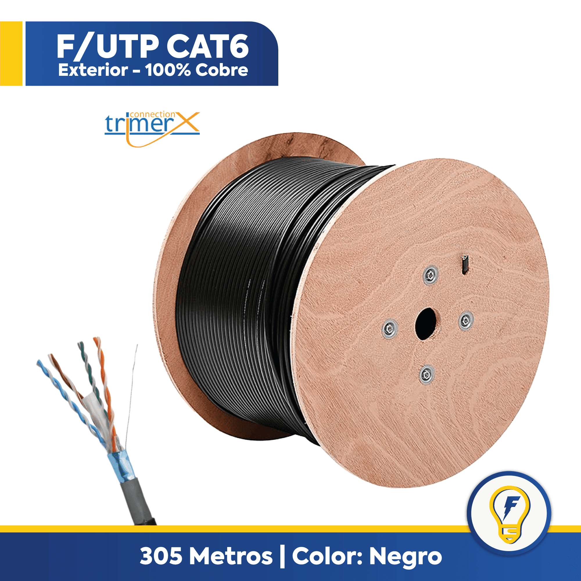 Cable F/utp Cat6 100% Cobre 23 Awg Negro 305 Mts Exterior Doble Chaqueta Trimerx | Ferrelectrica ...