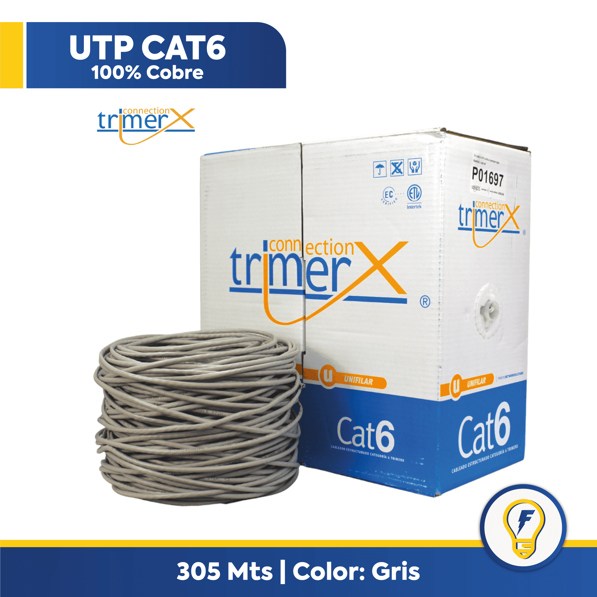 Cable Utp Cat 6 Cm 23 Awg Gris X 305 Mt 100% COBRE | Ferrelectrica SPA