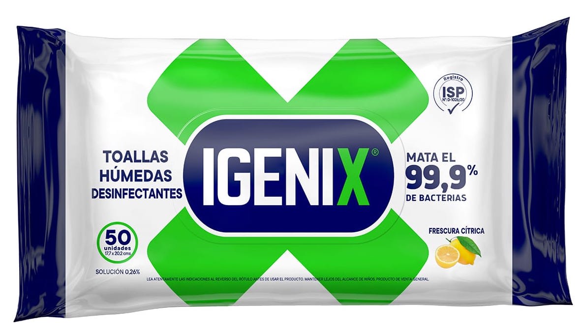 TOALLAS HUMEDAS DESINFECTANTES IGENIX X 50 UN SACHET | Comercial Masol ...