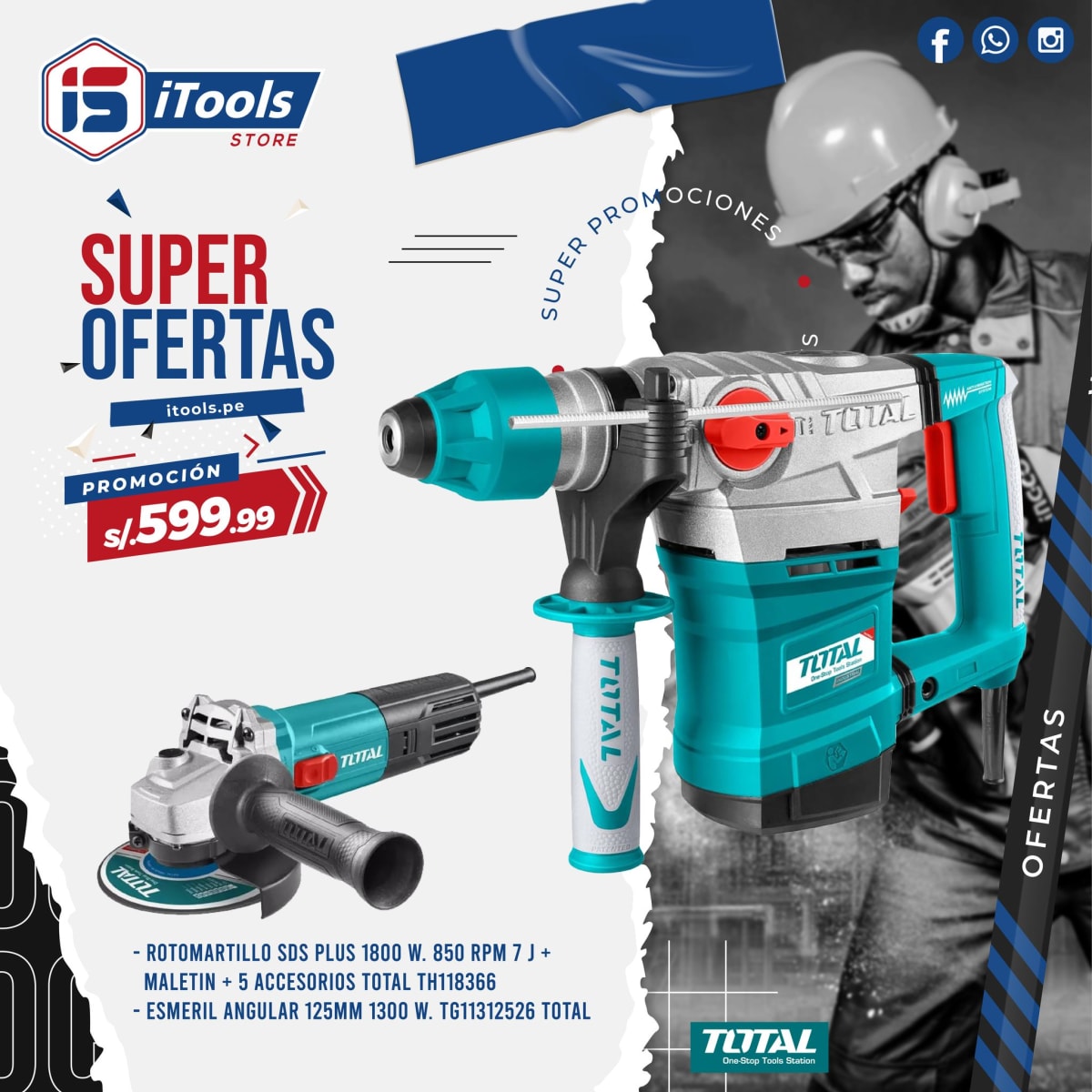 ROTOMARTILLO SDS PLUS 1800 W. 850 RPM 7 J TH118366 TOTAL + ESMERIL ...