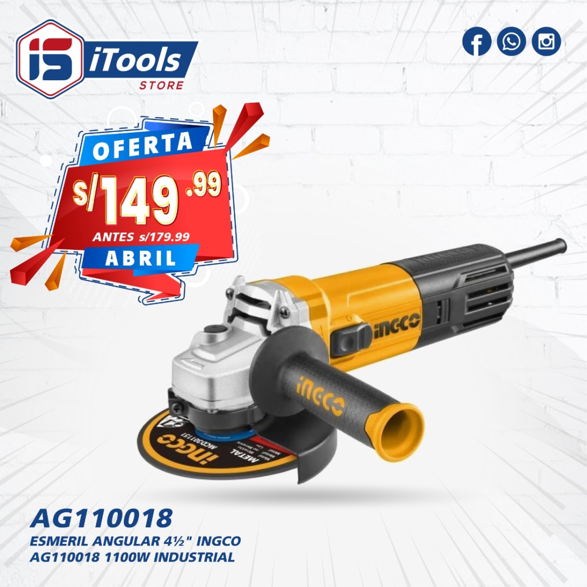 ESMERIL ANGULAR 4½" INGCO AG110018 1100 W. INDUSTRIAL | iTools