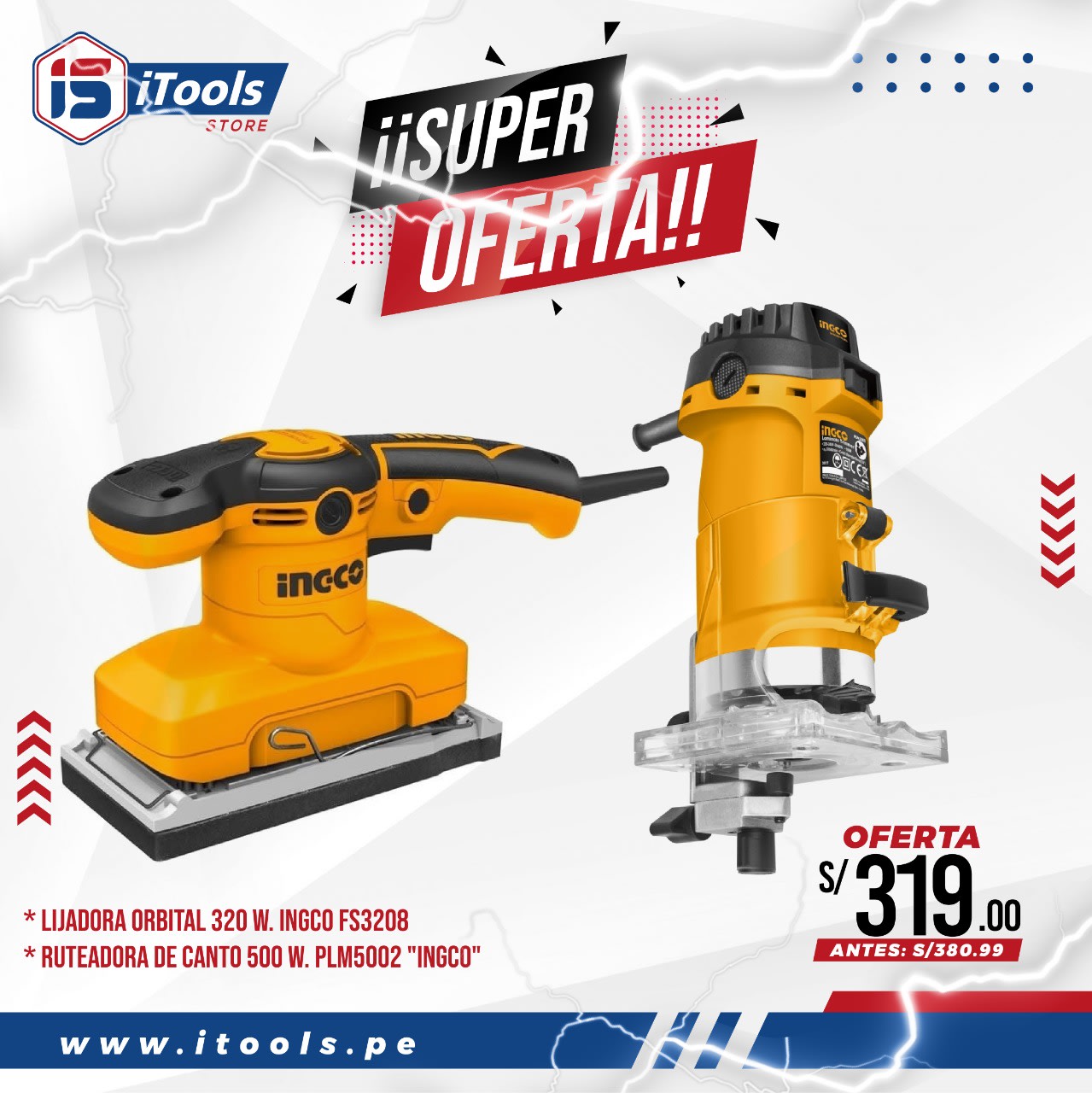 LIJADORA ORBITAL 320 W. INGCO FS3208 + RUTEADORA DE CANTO 500 W. PLM5002 | iTools