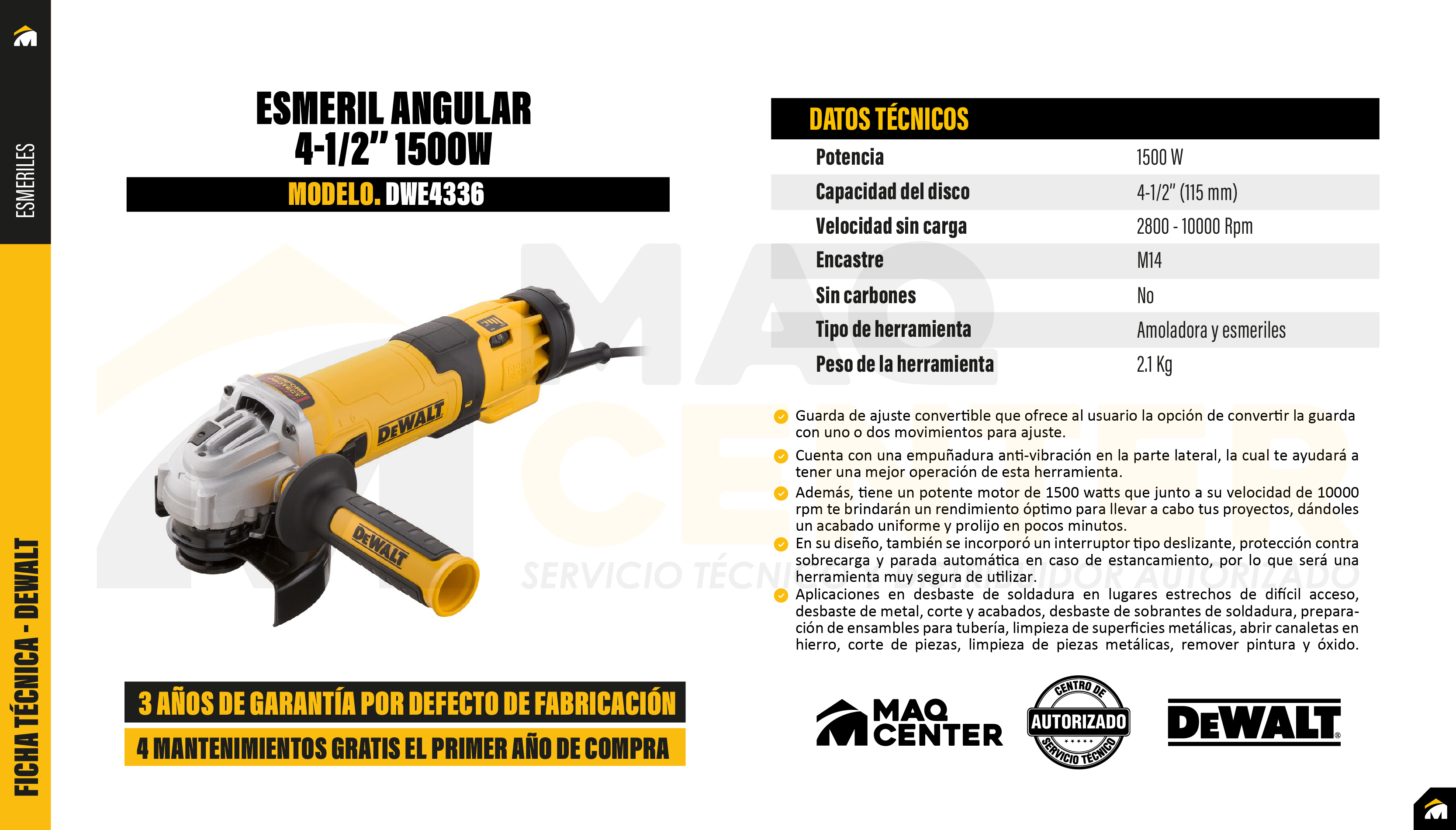 Esmeril Angular 4-1/2'' 1500W 11000 Rpm Dewalt DWE4336-B2 ...