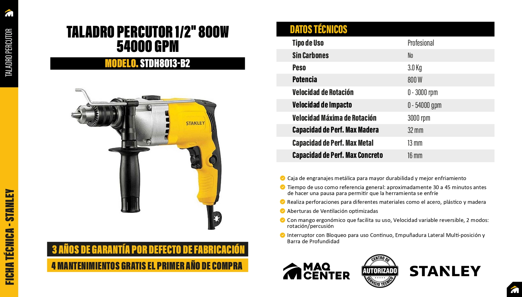 TALADRO PERCUTOR DE 1/2" 850W -STDH8013 | MaqCenterPerú | Tienda de ...