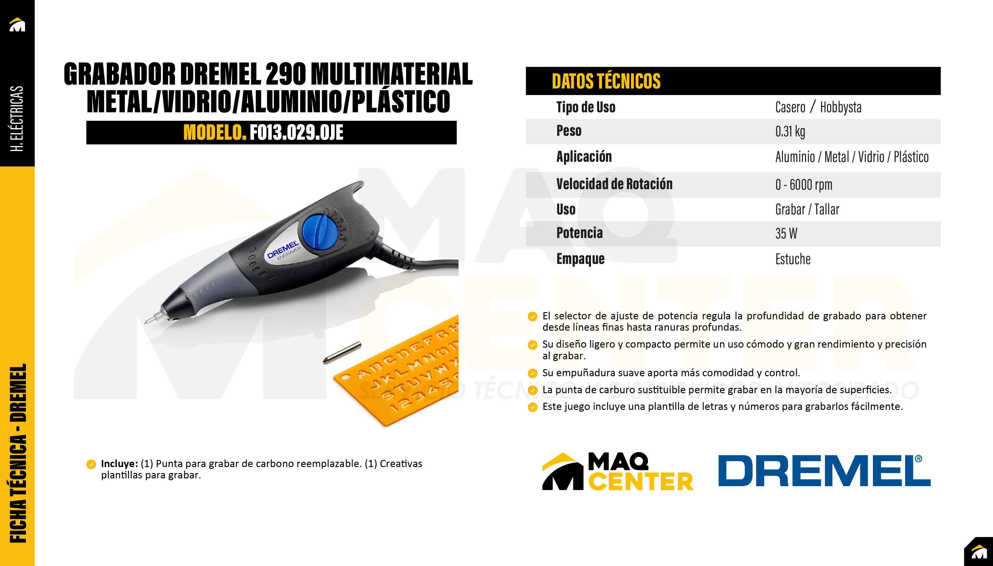Grabador Dremel 290 Multimaterial Metal/Vidrio/Aluminio/Plástico F013 ...