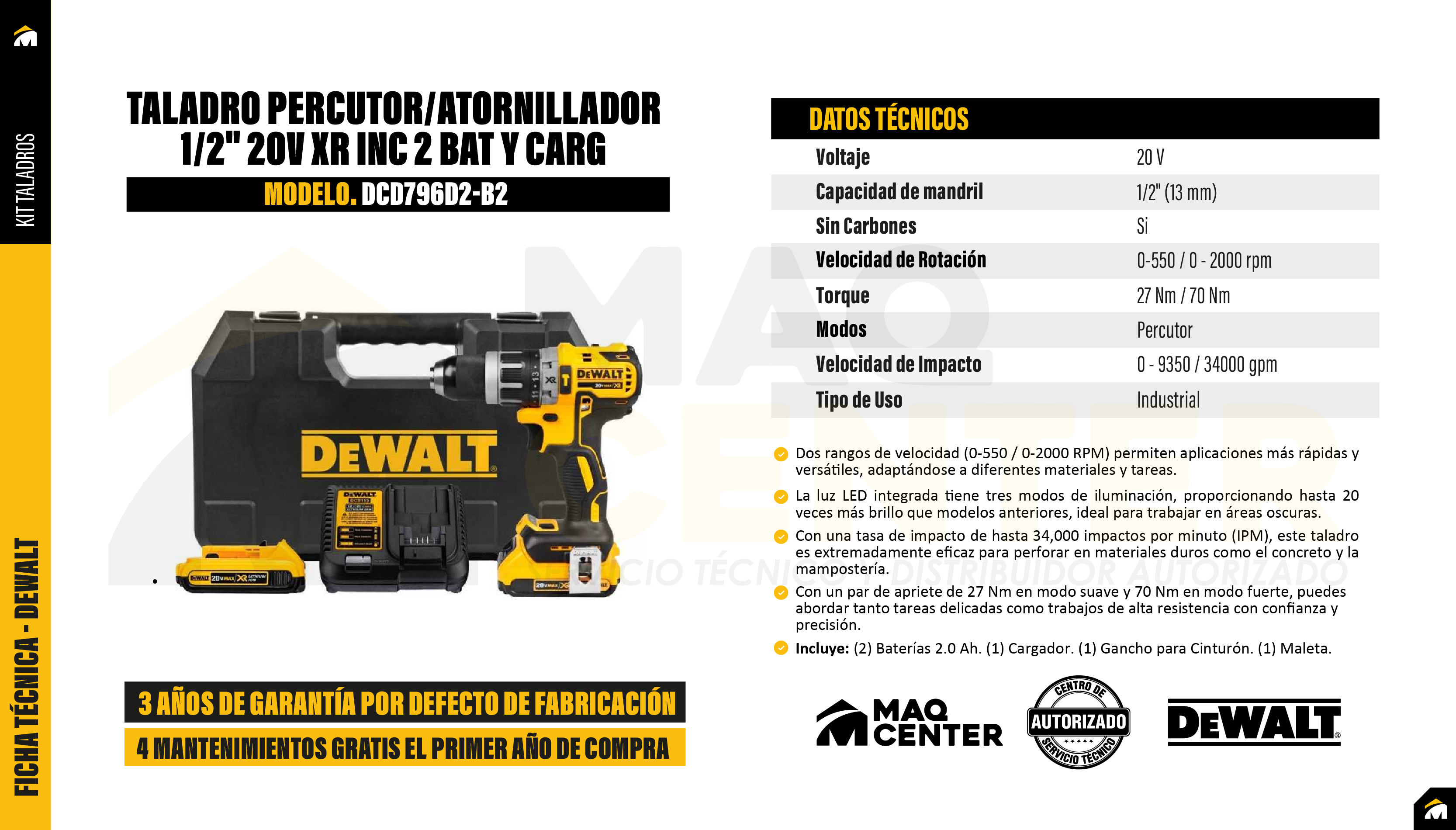 Kit Taladro Percutor/Atornillador 1/2" 20V Xr Inc 2 Bat y Carg Dewalt ...
