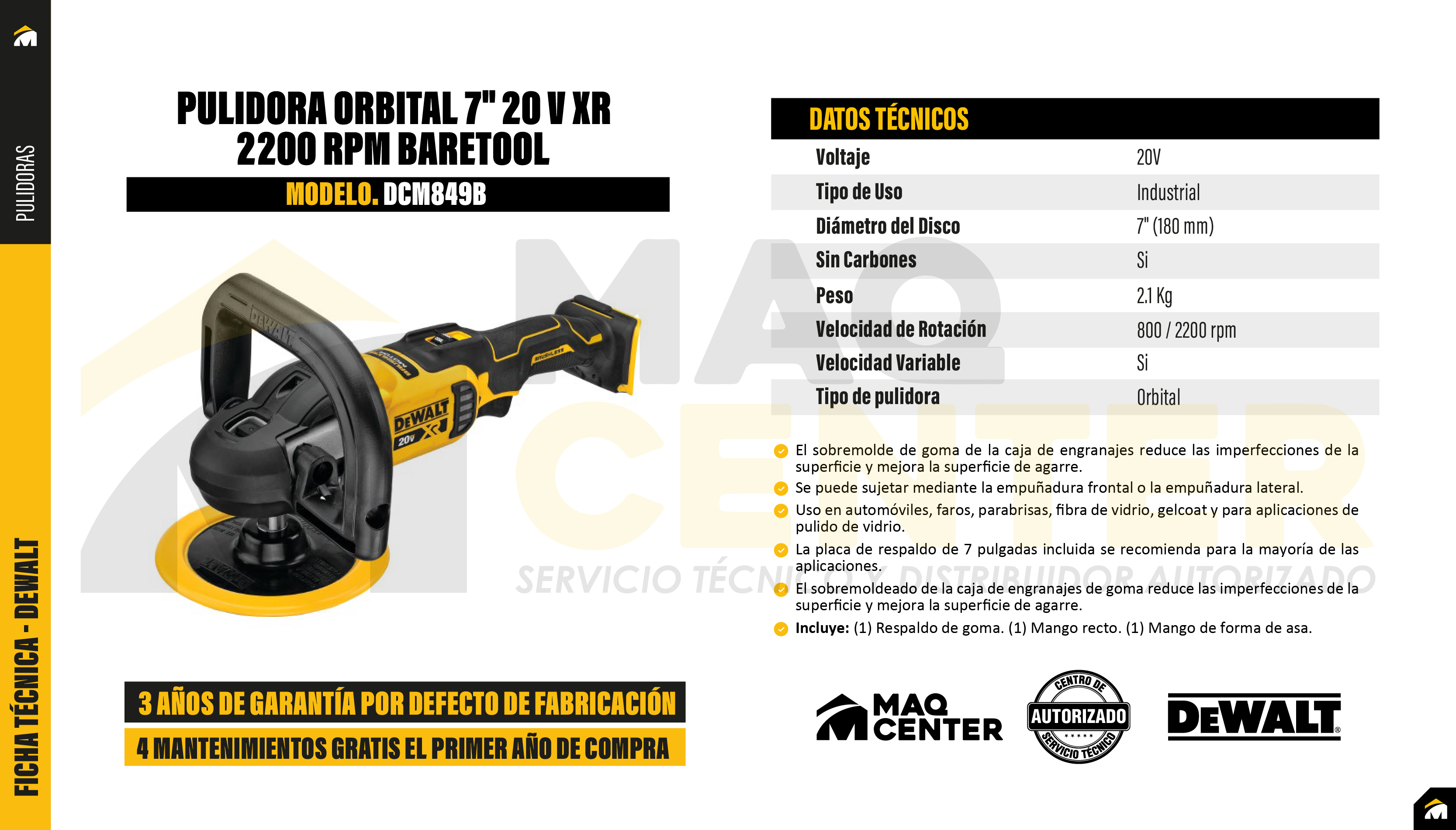 Pulidora Orbital 7" 20V Max Xr Baretool Dewalt DCM849B | MaqCenterPerú ...
