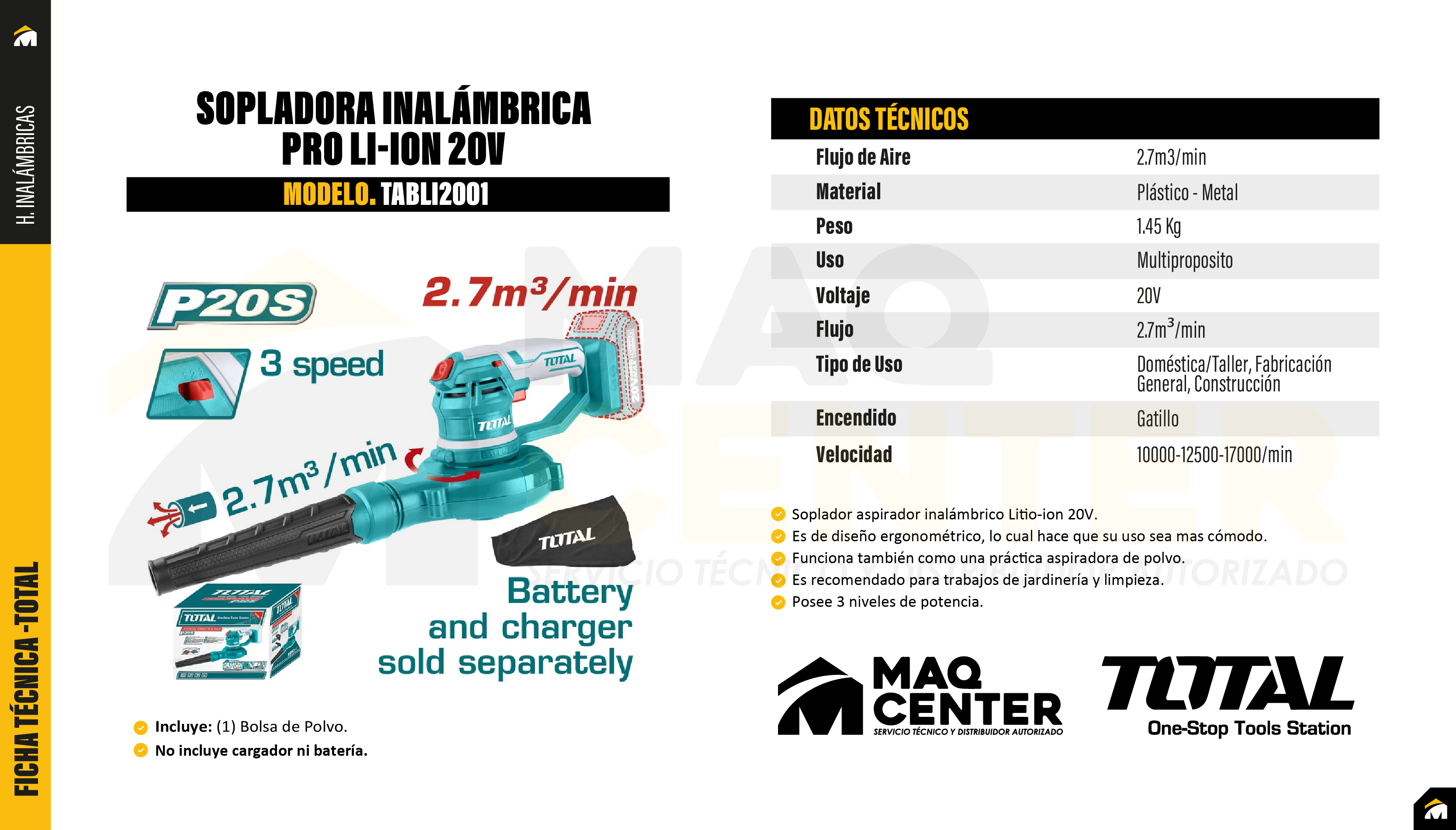Sopladora Inalámbrica Pro Li-ion 20V TABLI2001 Total | MaqCenterPerú ...